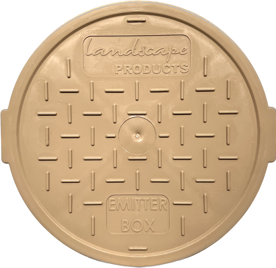 6-inch Round Tan Emitter Box with Tan Lid - Landscape Products Inc.