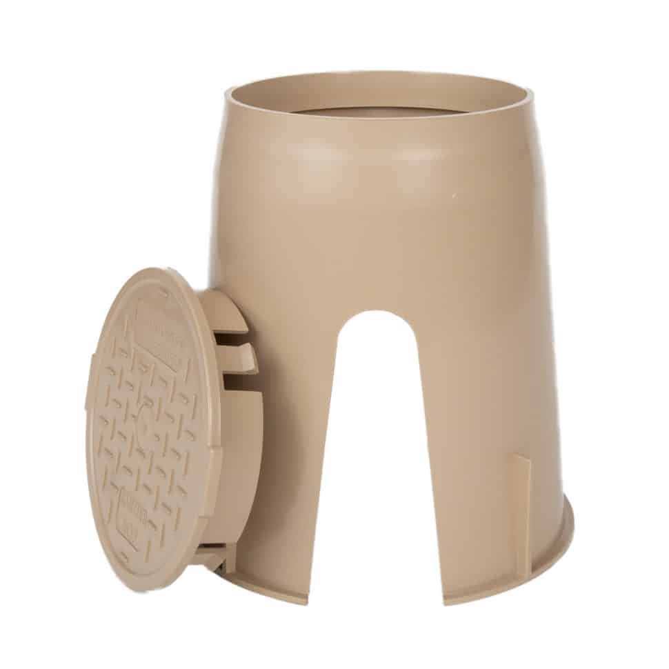 6-inch Round Tan Emitter Box with Tan Lid - Landscape Products Inc.